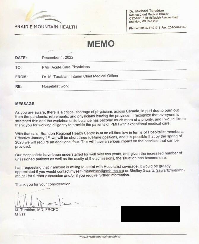 Hospitalist shortage now ‘dire,’ PMH says – Brandon Sun